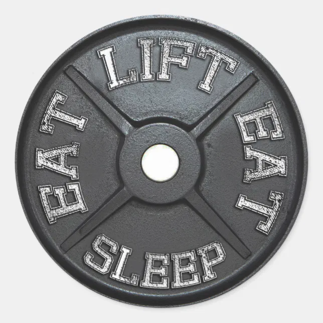 Barbell Plate - Lift, Eat, Sleep Classic Round Sticker | Zazzle