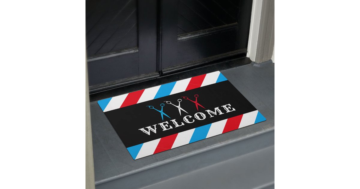 Barber Barbershop Blue Red Stripes Welcome Doormat | Zazzle