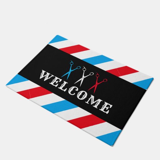 Barber Barbershop Blue Red Stripes Welcome Doormat | Zazzle