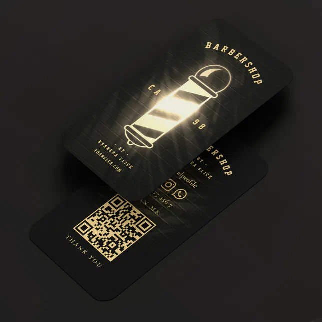 Barber Black Gold Pole Retro Modern Barbershop Business Card | Zazzle