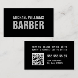 Barber Black Gray Bold Typography QR Code Business Card | Zazzle