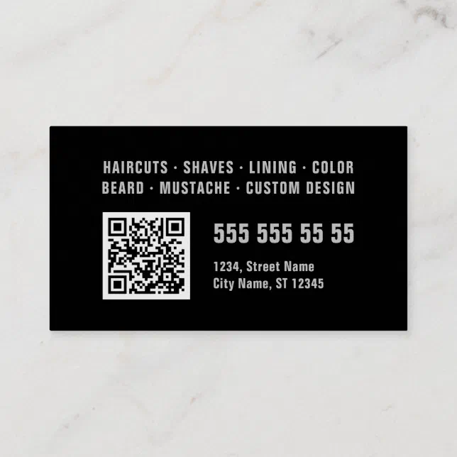 Barber Black Gray Bold Typography QR Code Business Card | Zazzle