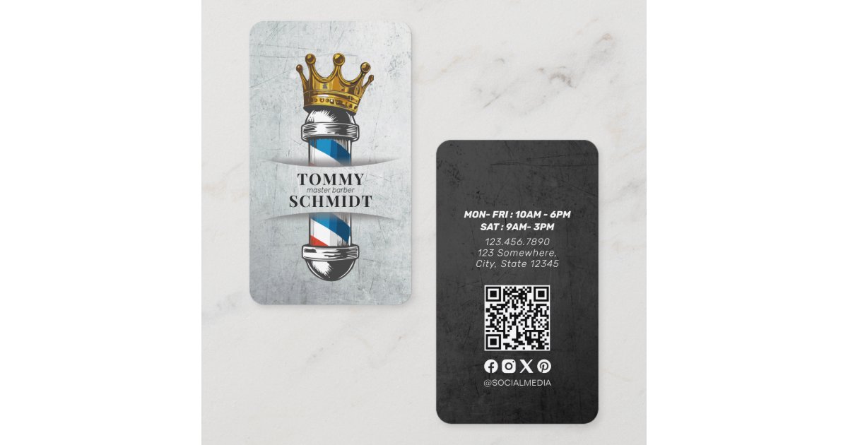 Barber Hair Shop Royal Crown Barber Pole QR Code Business Card | Zazzle