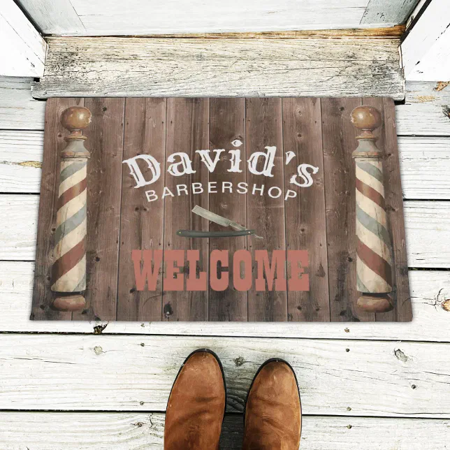 Barber Hair Stylist Barbershop Welcome Rustic Wood Doormat | Zazzle