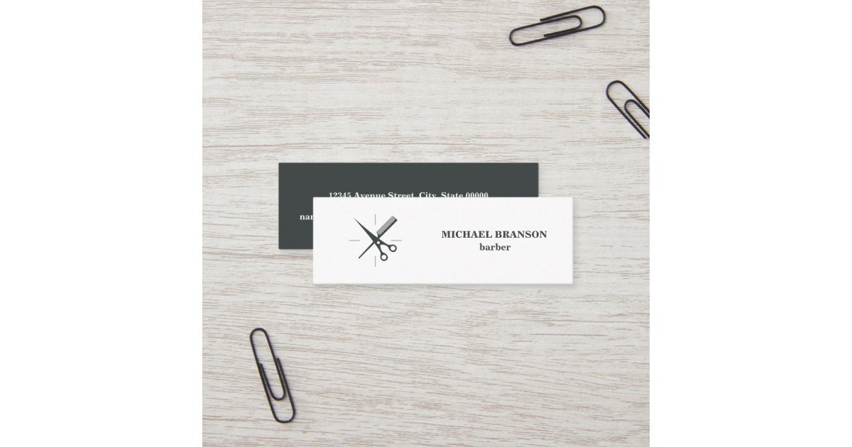 Barber Minimalist Gray and White Scissor Comb Mini Business Card | Zazzle