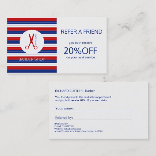 Barber navy white red striped modern referral | Zazzle