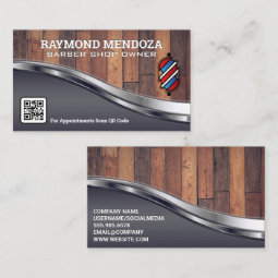 Barber Pole Logo | Wood Metallic | QR Code Business Card | Zazzle