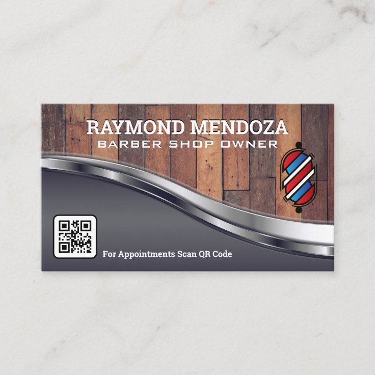 Barber Pole Logo | Wood Metallic | QR Code Business Card | Zazzle