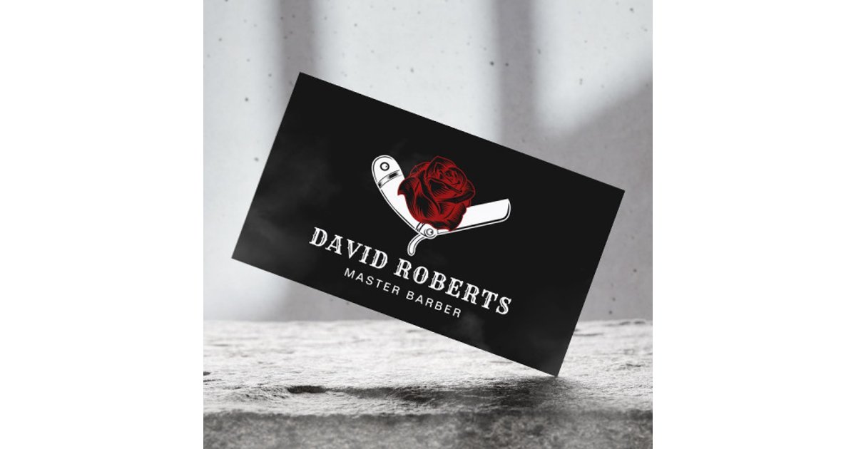 Barber Razor & Red Rose Barbershop Black Hair Business Card | Zazzle