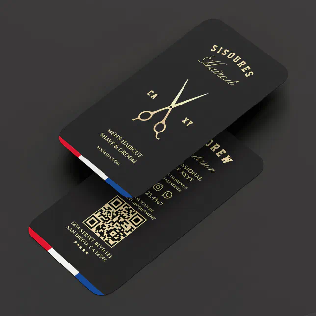 Barber Scissors Black Gold Red Blue White Modern Business Card | Zazzle