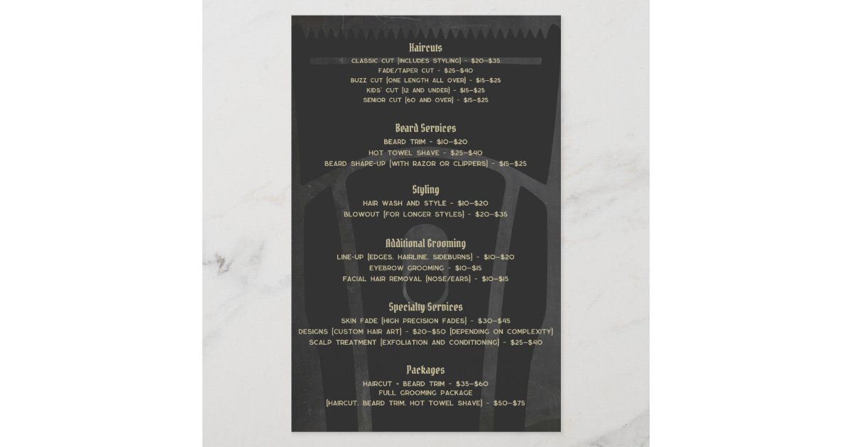 Barber Shop Barbershop Price List Service Menu Flyer | Zazzle
