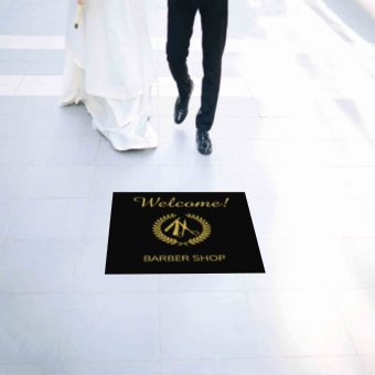 Barber shop black gold elegant welcome salon floor decals | Zazzle