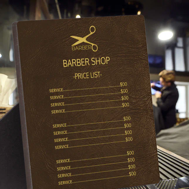 Barber shop brown leather look service menu plaque | Zazzle