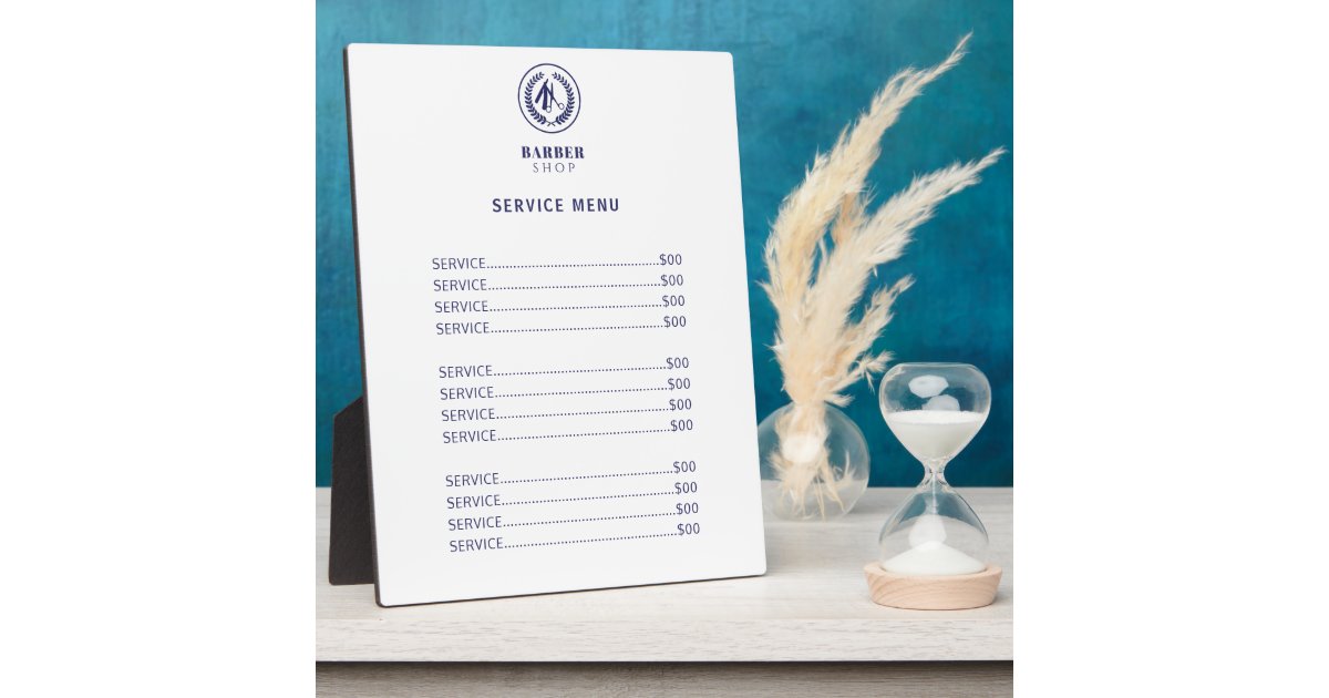 Barber shop elegant white and navy menu price list plaque | Zazzle