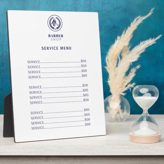 Barber shop elegant white and navy menu price list plaque | Zazzle