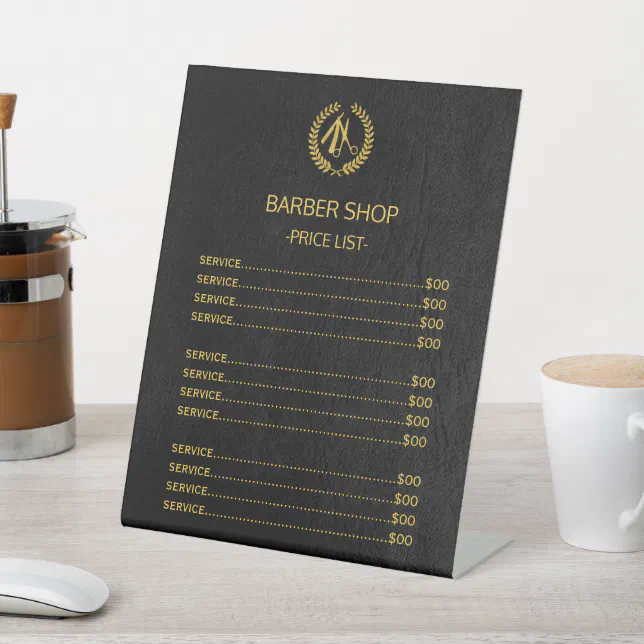 Barber shop faux black leather price list services pedestal sign | Zazzle