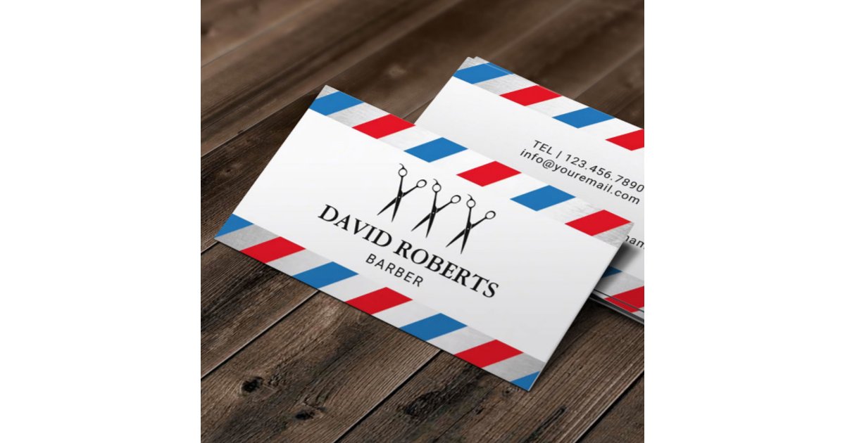 Barber Shop Hair Stylist Blue & Red Stripes Business Card | Zazzle