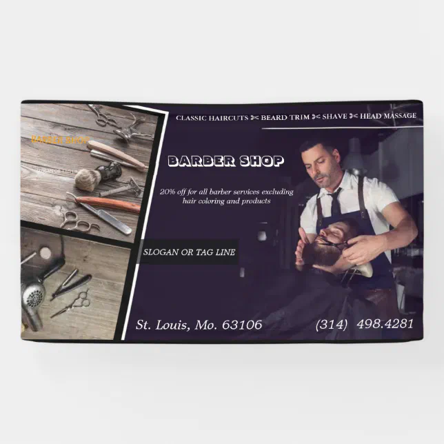 barber shop modern haircut scissor hairdresser banner | Zazzle