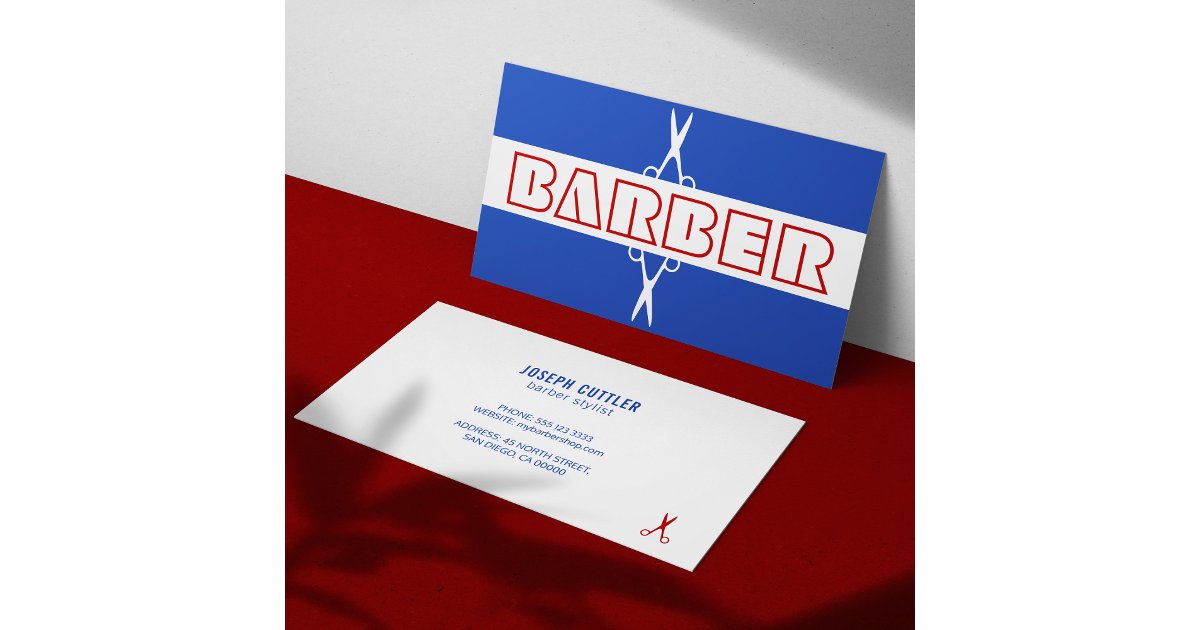 Barber shop modern red blue white Business Card | Zazzle