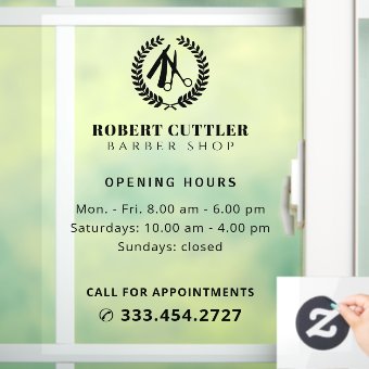 Barber shop opening hours custom logo window cling | Zazzle