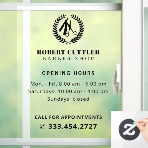 Barber shop opening hours custom logo window cling | Zazzle