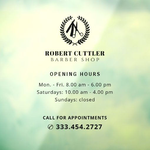 Barber shop opening hours custom logo window cling | Zazzle
