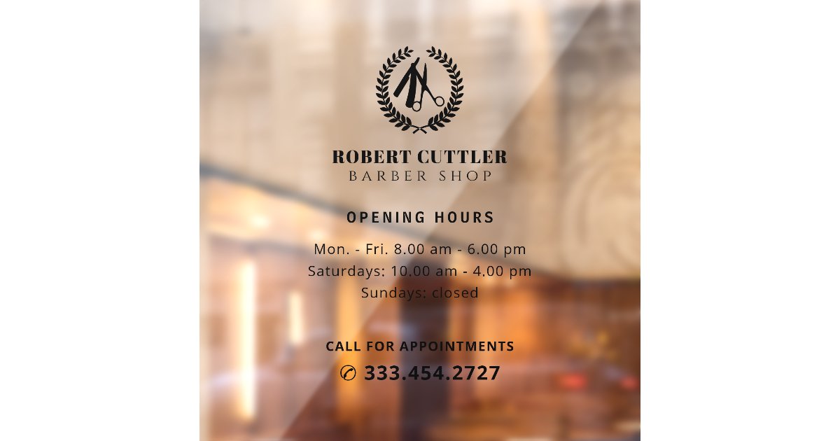 Barber shop opening hours custom logo window cling | Zazzle