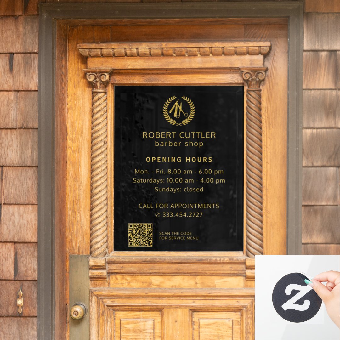 Barber shop opening hours gold black logo QR CODE Window Cling | Zazzle