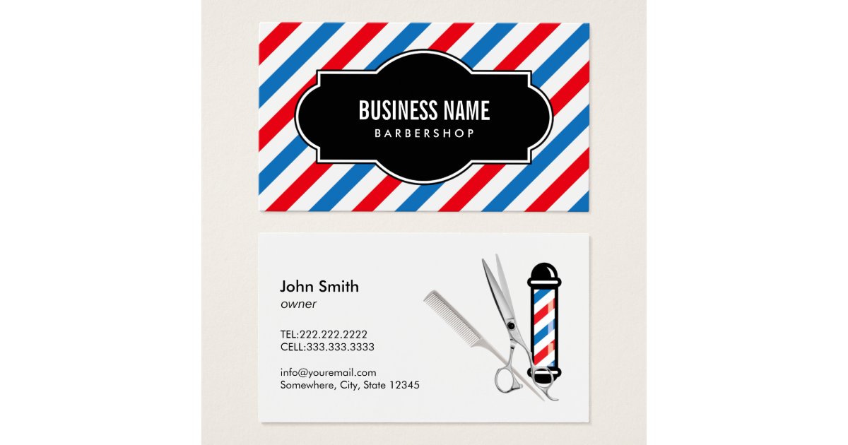Barber Shop Professional Blue & Red Stripes Business Card | Zazzle