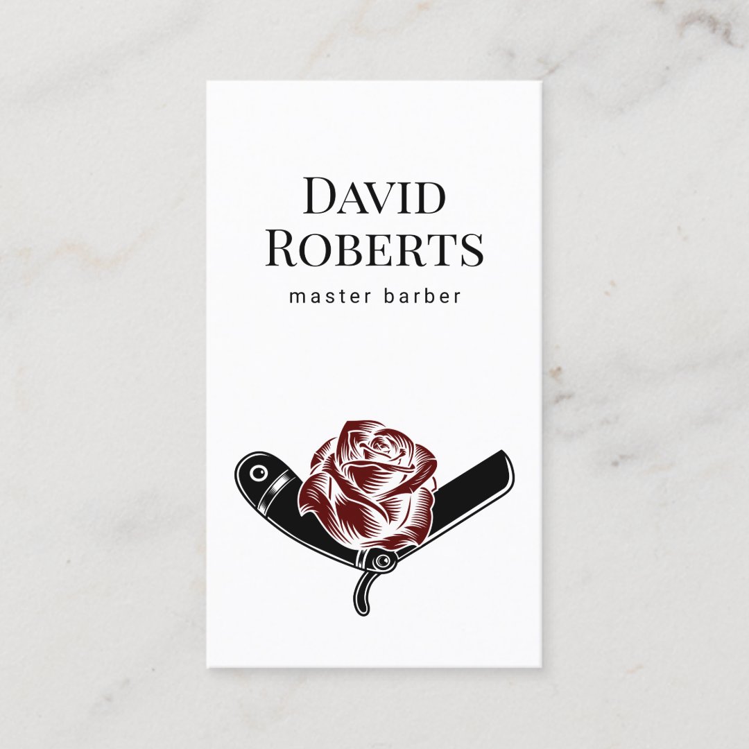 Barber Shop Razor & Rose Flower Logo Barbershop Business Card | Zazzle