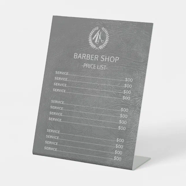 Barber shop silver dark grey leather price list pedestal sign | Zazzle