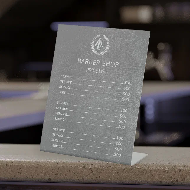 Barber shop silver dark grey leather price list pedestal sign | Zazzle