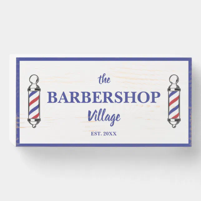 Barbershop Barber Pole Red White Blue Custom Text Wooden Box Sign | Zazzle