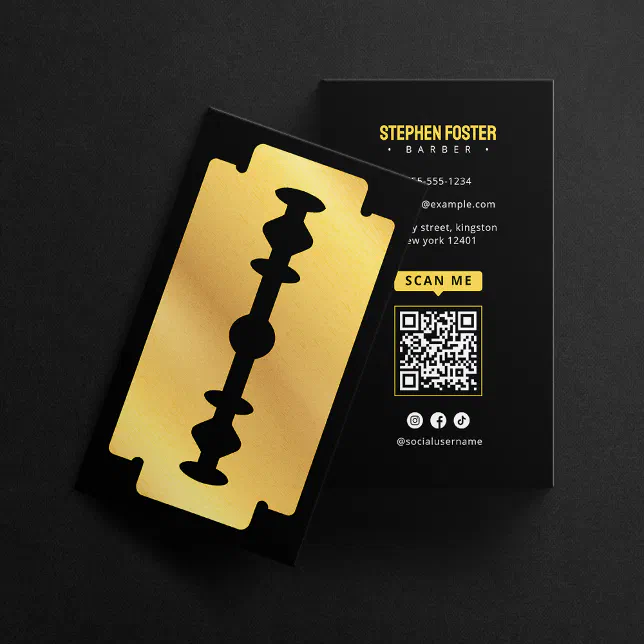 Barbershop Hair Black Gold Razor Blade Barber Shop Business Card | Zazzle