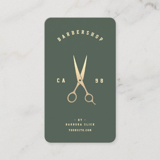Barbershop Monogram Gold Scissors Barber Green Business Card | Zazzle