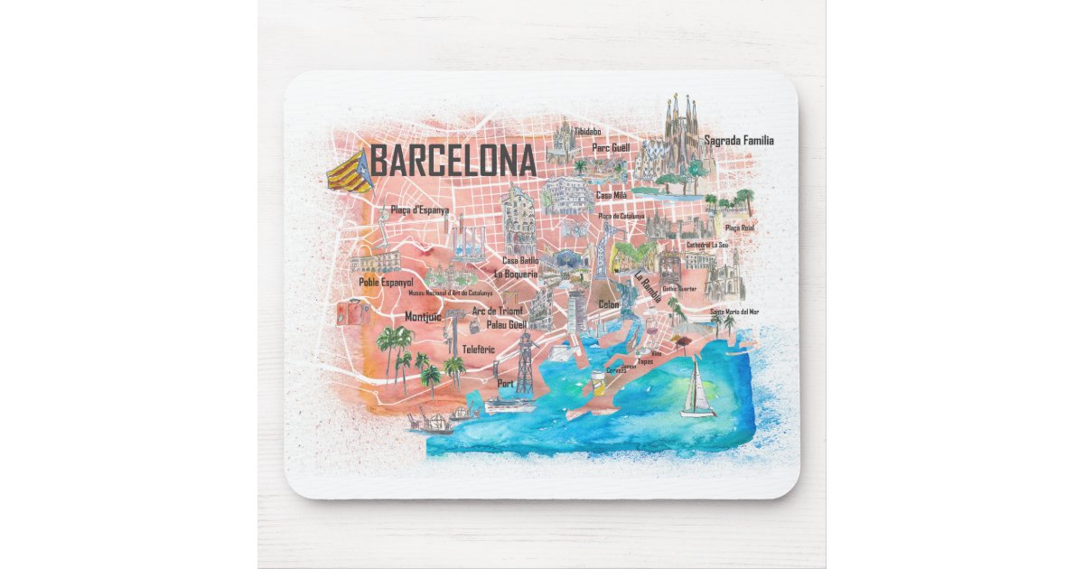 Barcelona Illustrated Travel Map with Roads Mouse Pad | Zazzle