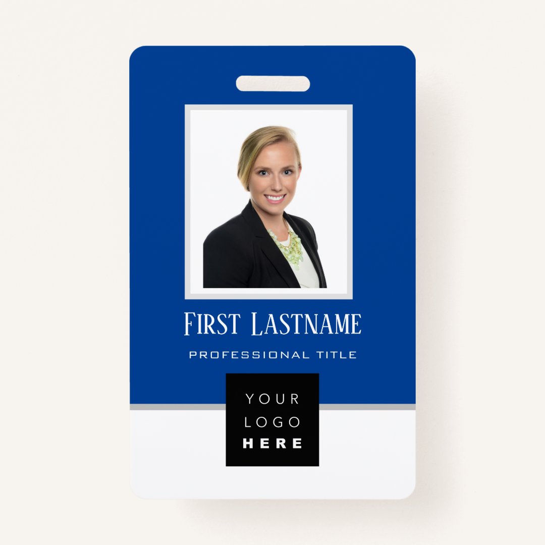 Barcode Photo Name ID Card Vertical Blue White Badge | Zazzle