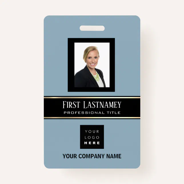 Barcode Photo Name ID Card Vertical Smoky Blue Badge | Zazzle