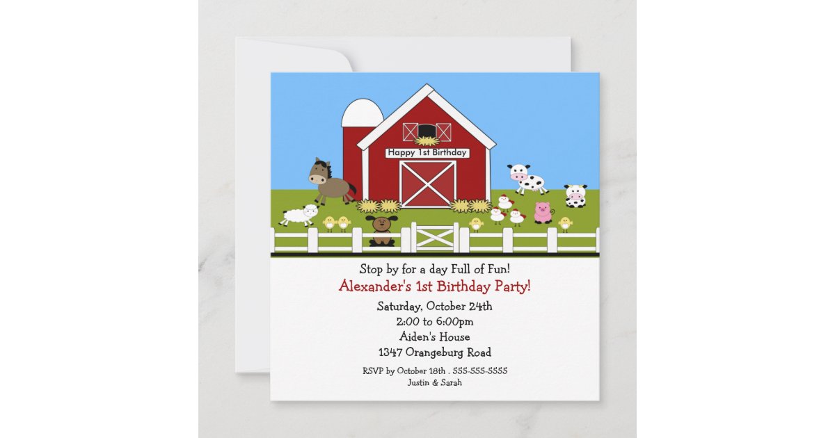 Barn Animals Fun 1st Birthday Invitation | Zazzle
