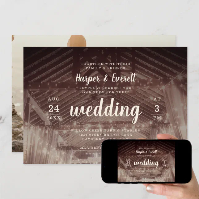 Barn Rafters with String Lights Photo Wedding Invitation | Zazzle
