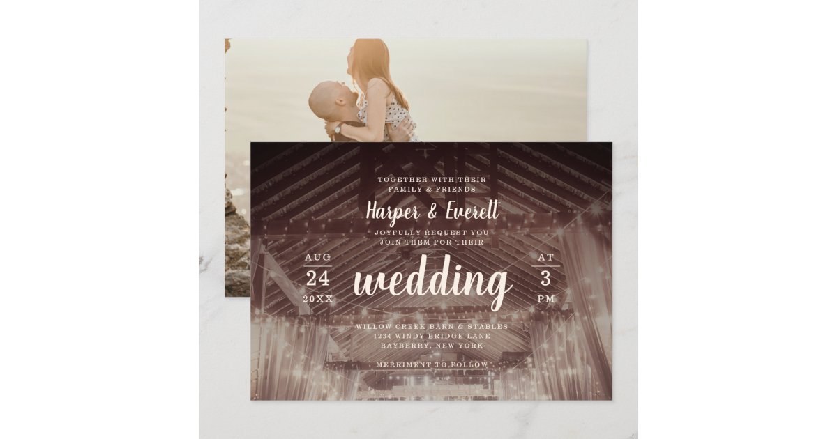Barn Rafters with String Lights Photo Wedding Invitation | Zazzle