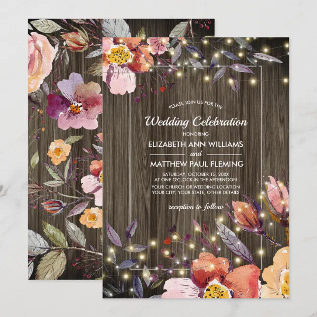 Barn Wood | Fall Flowers | Light Strings Wedding Invitation | Zazzle