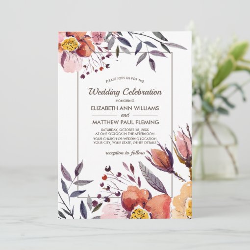 Barn Wood | Fall Flowers Watercolor Wedding Invitation | Zazzle