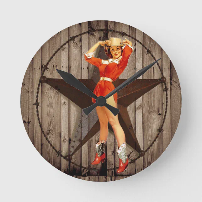 Barn wood Lone Star western country Cowgirl Round Clock | Zazzle