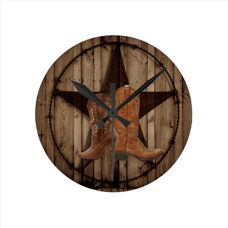 Barn Wood Texas Star western country cowboy boots Round Clock | Zazzle