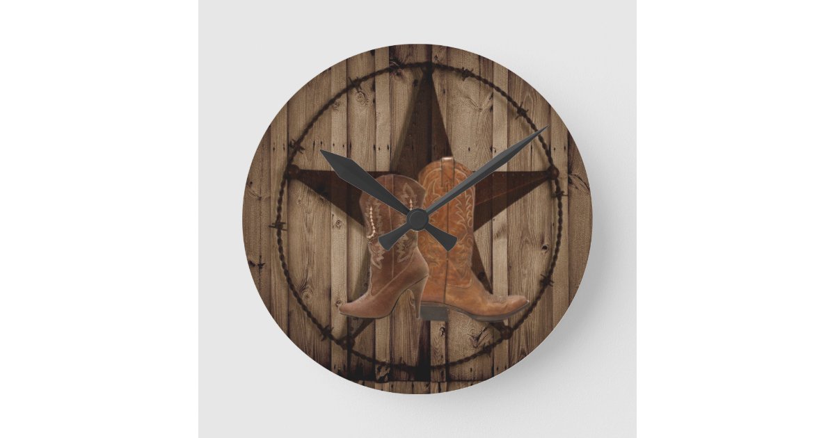Barn Wood Texas Star western country cowboy boots Round Clock | Zazzle