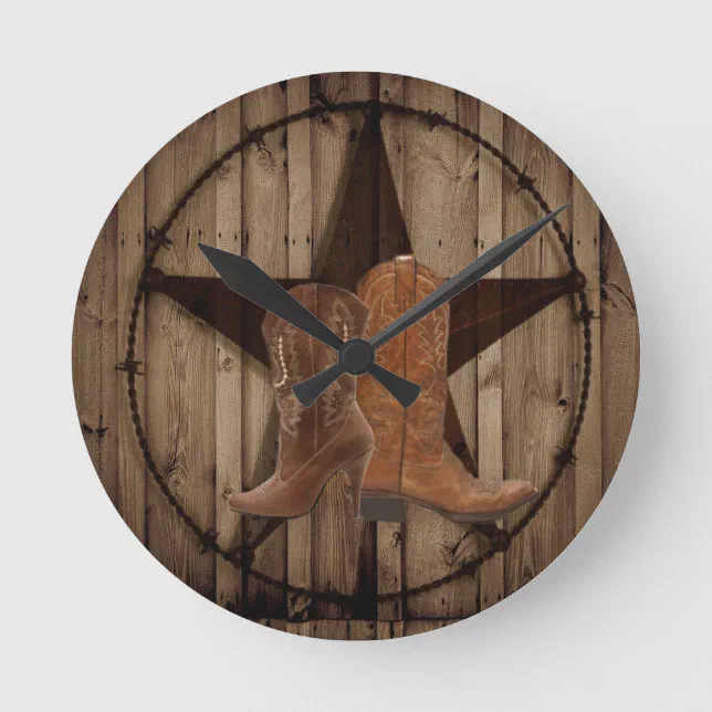 Barn Wood Texas Star western country cowboy boots Round Clock | Zazzle