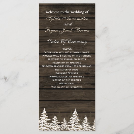 Barnwood Rustic Pine trees, winter wedding program | Zazzle.com