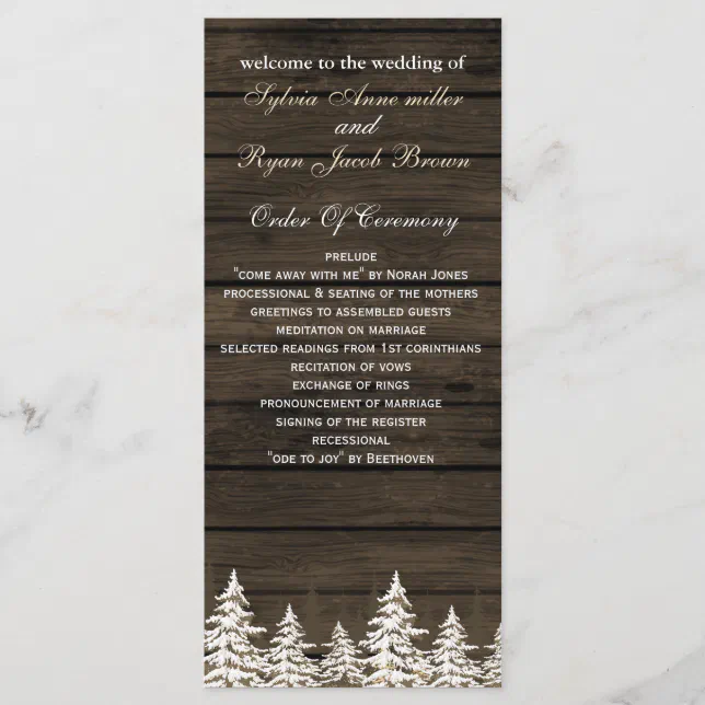Barnwood Rustic Pine trees, winter wedding program | Zazzle