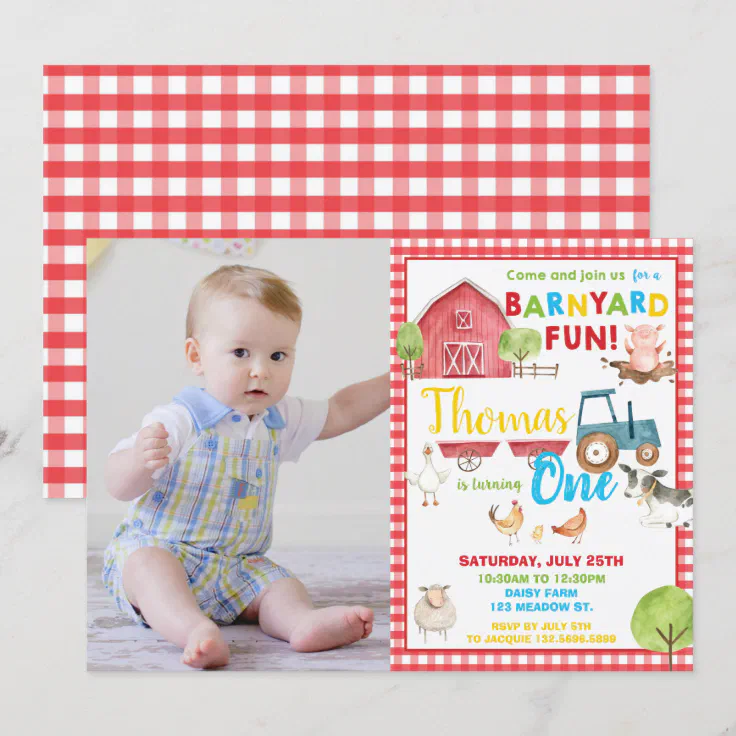 Barnyard 1st Birthday Party Cute Farm Animal Photo Invitation | Zazzle